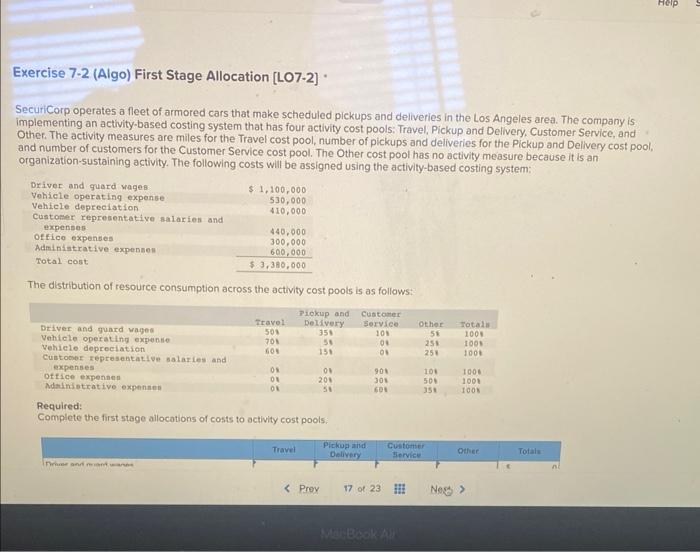 Solved Exercise 7 2 Algo First Stage Allocation LO7 2 Chegg