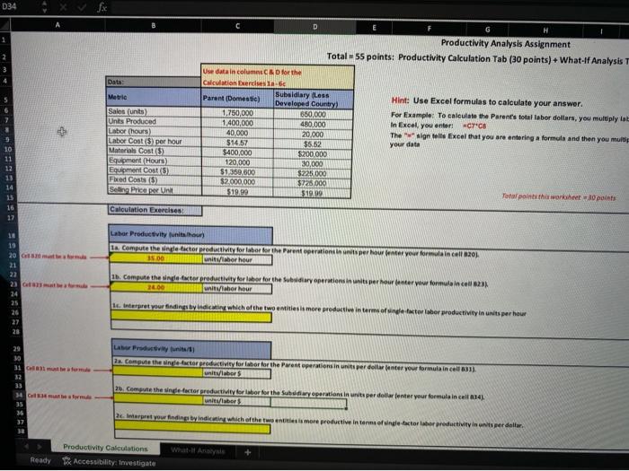 Solved Total =55 points: Productivity Calculation Tab (30 | Chegg.com
