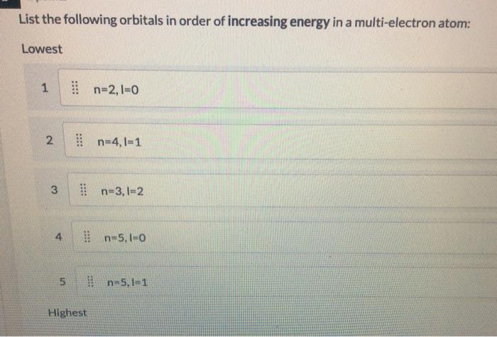 Solved List the following orbitals in order of increasing | Chegg.com