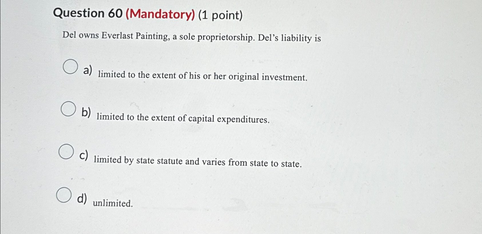 Solved Question 60 (Mandatory) (1 point)Del owns Everlast | Chegg.com Solved Question 60 (Mandatory) (1 point)Del owns Everlast | Chegg.com