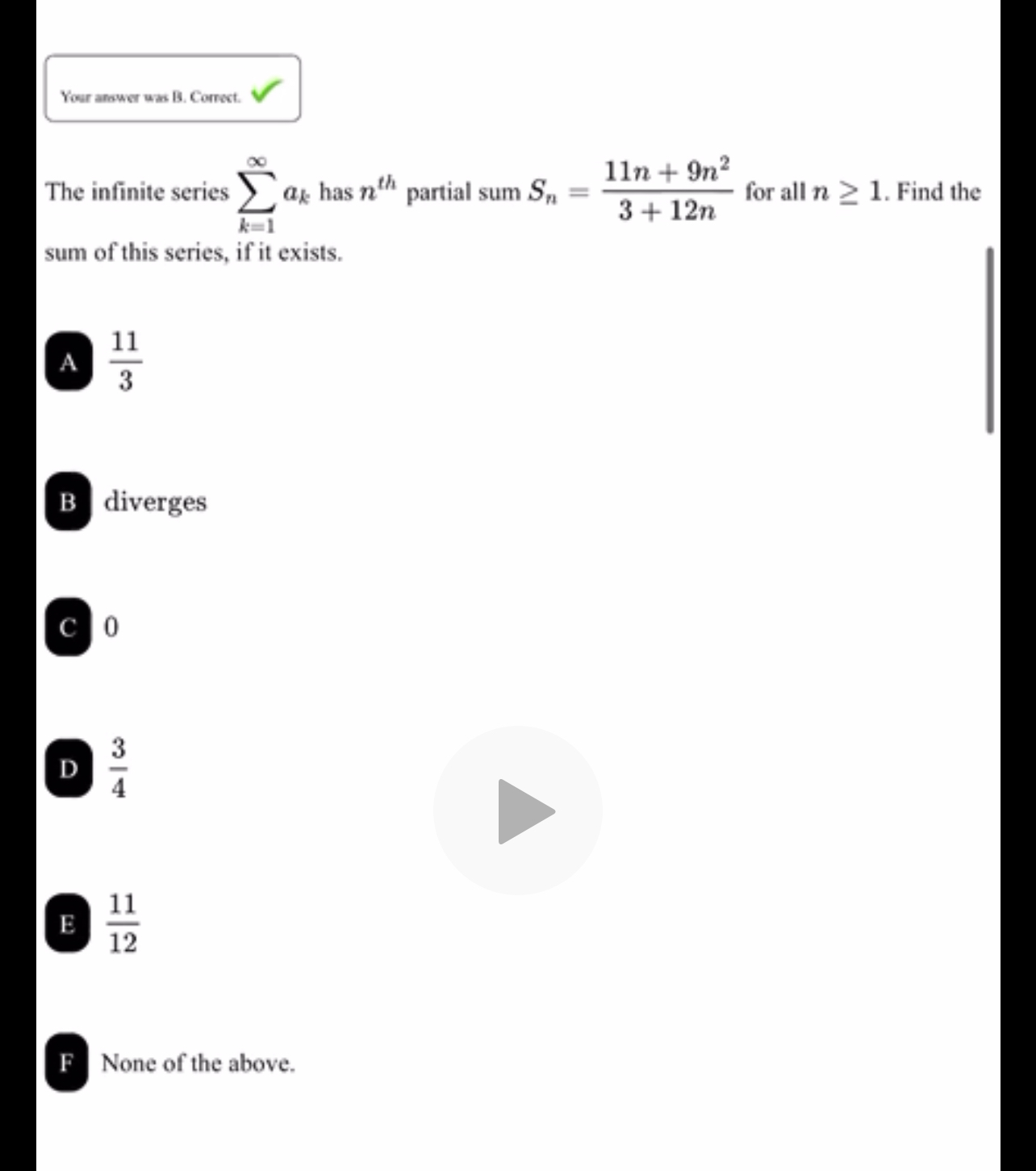 Solved The infinite series ∑k=1∞ak ﻿has nth ﻿partial sum | Chegg.com