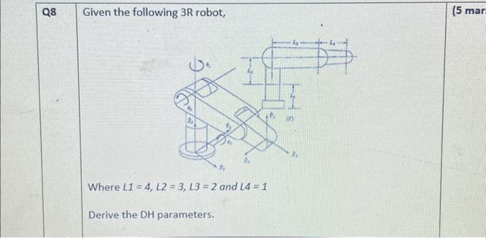 Solved Q8 Given the following 3R robot, U. Where L1 = 4, L2= | Chegg.com