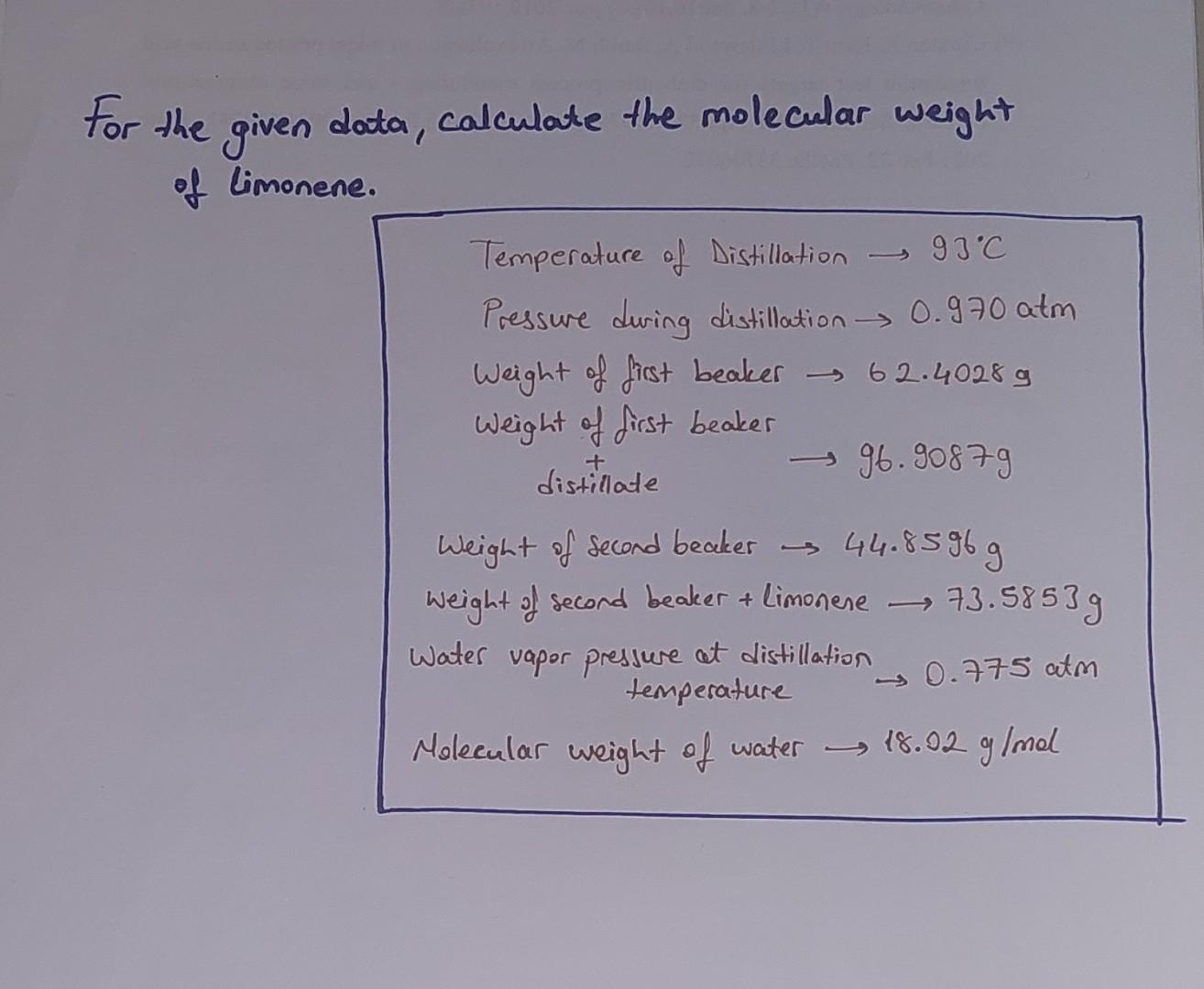 Solved For the given data, calculate the molecular weight of | Chegg.com
