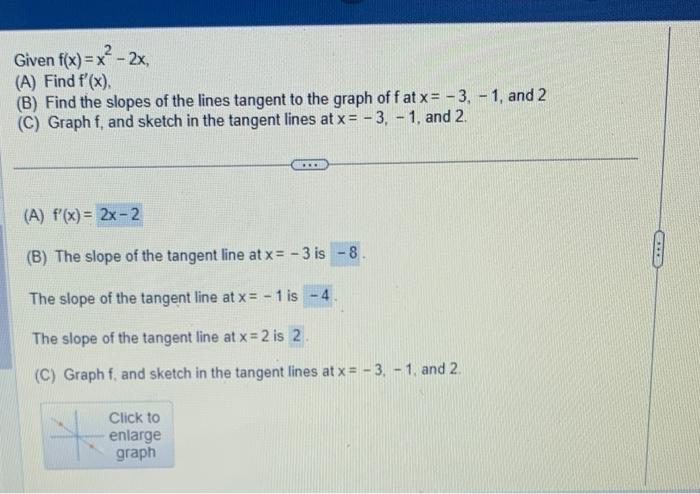 Solved Given f(x)=x2−2x (A) Find f′(x) (B) Find the slopes | Chegg.com