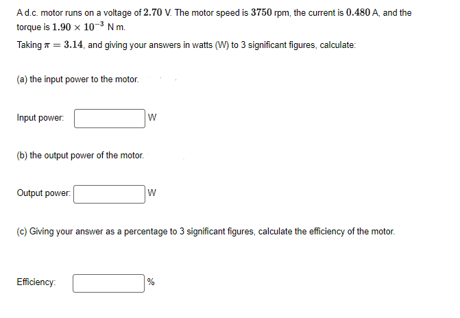 Solved A d.c. ﻿motor runs on a voltage of 2.70V. ﻿The motor | Chegg.com