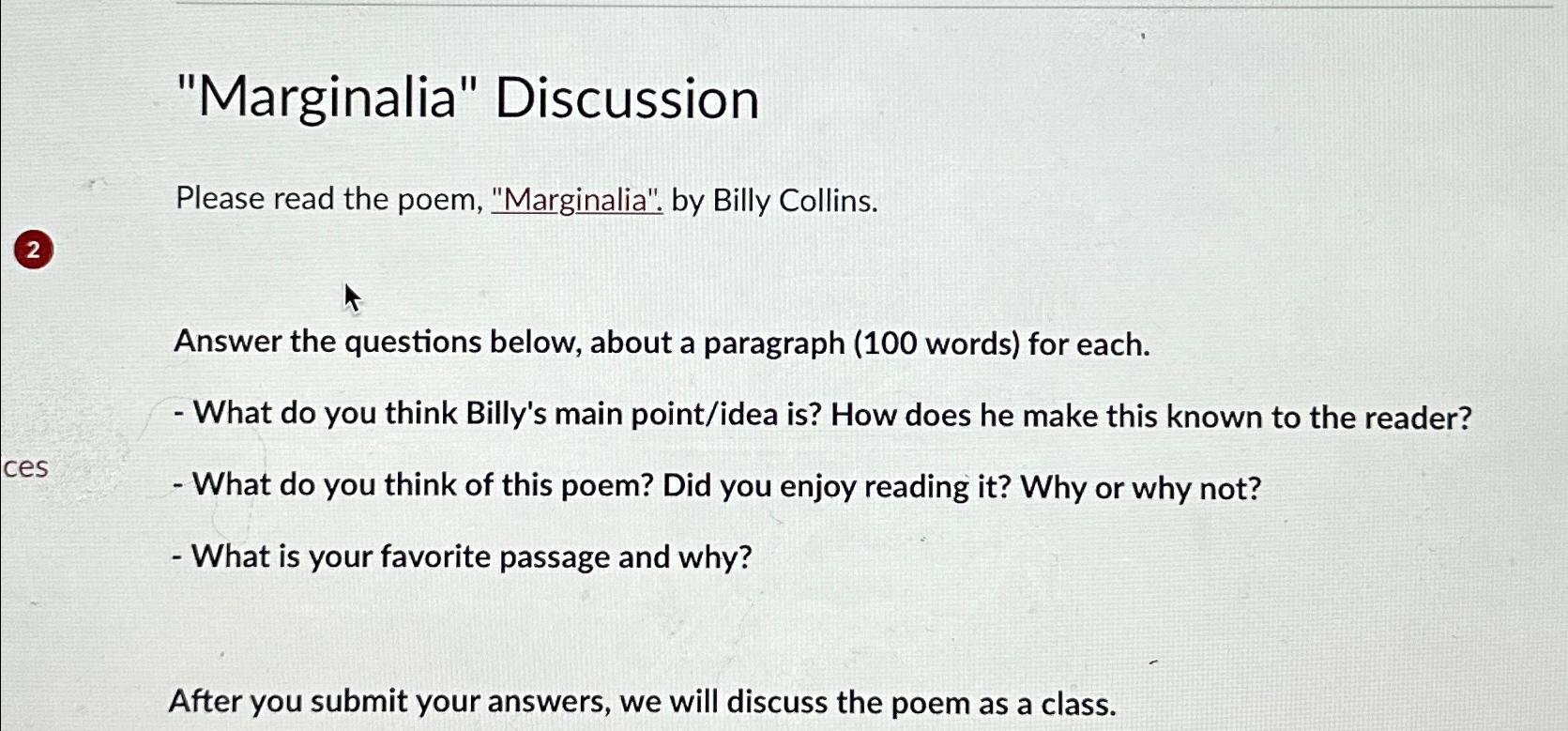 Solved "Marginalia" DiscussionPlease read the poem, | Chegg.com