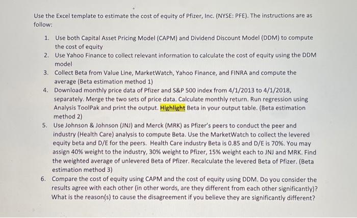 Use the Excel template to estimate the cost of equity | Chegg.com