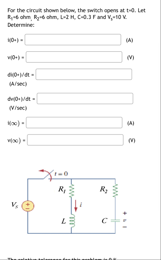 Solved For the circuit shown below, the switch opens at t=0. | Chegg.com