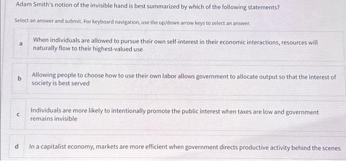 Solved Adam Smith's notion of the invisible hand is best | Chegg.com