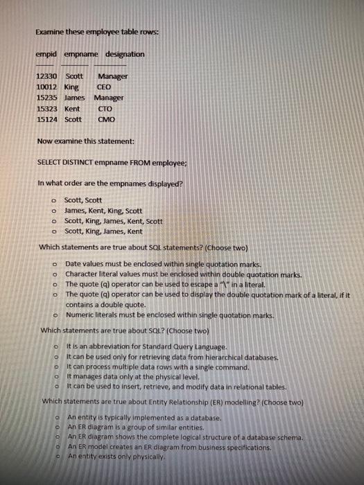 Solved Examine these employee table rows: empid empname | Chegg.com