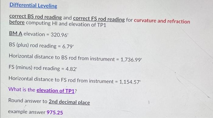 Solved Differential Leveling correct BS rod reading and | Chegg.com