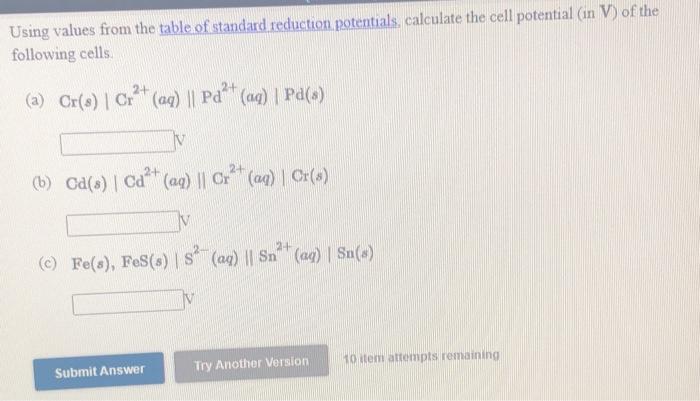 Solved Using values from the table of standard reduction | Chegg.com