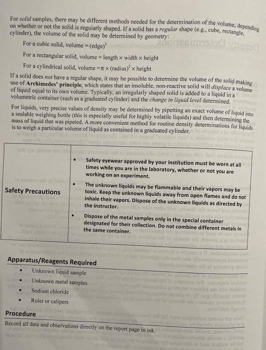 Solved Experiment 3 Density Determinations Objective Density | Chegg.com