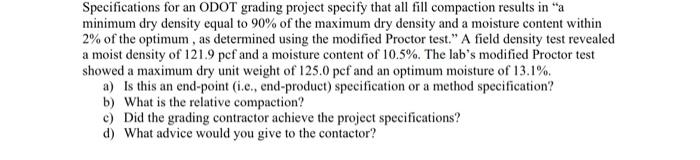 Solved Specifications for an ODOT grading project specify | Chegg.com