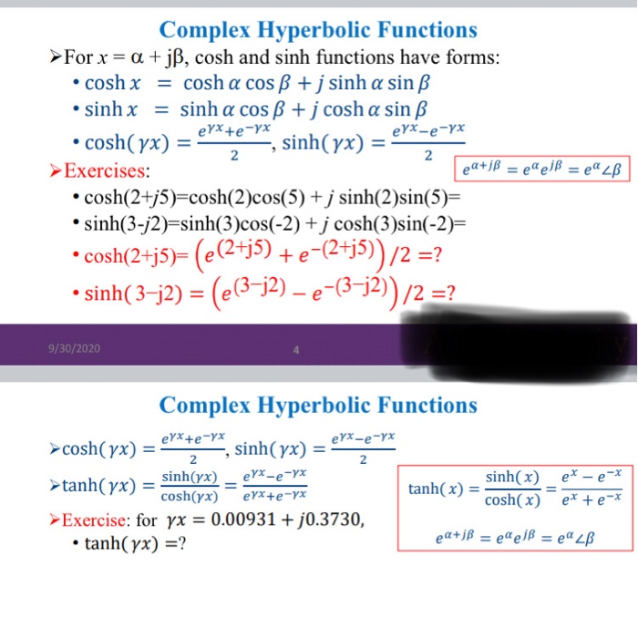Solved Complex Hyperbolic Functions > For x = a + jß, cosh | Chegg.com