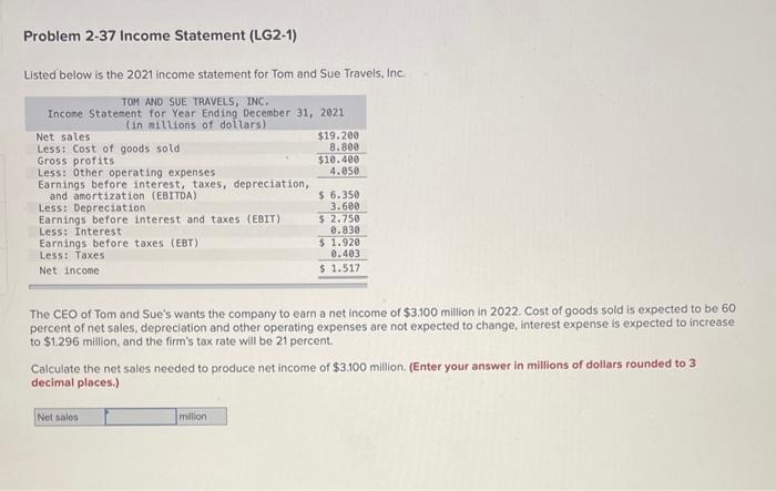 Solved Problem 2-37 Income Statement (LG2-1) Listed below is | Chegg.com