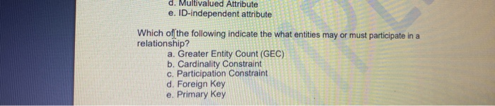 Solved d. Multivalued Attribute e. ID-independent attribute | Chegg.com