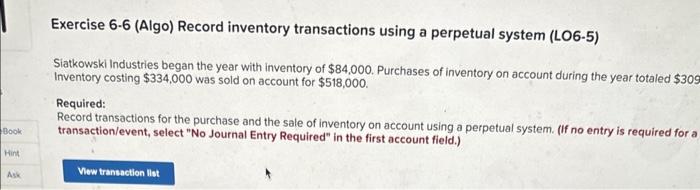 Solved Exercise 6-6 (Algo) Record inventory transactions | Chegg.com