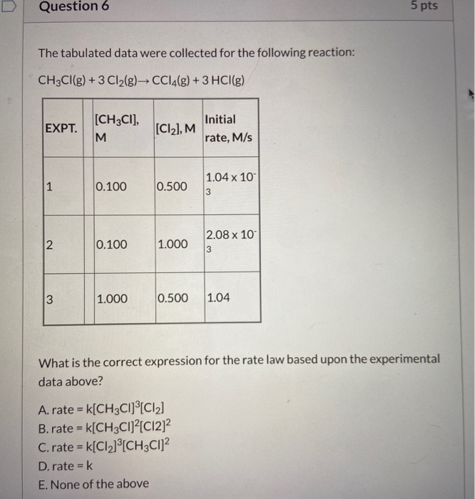Solved Question 6 5 pts The tabulated data were collected | Chegg.com