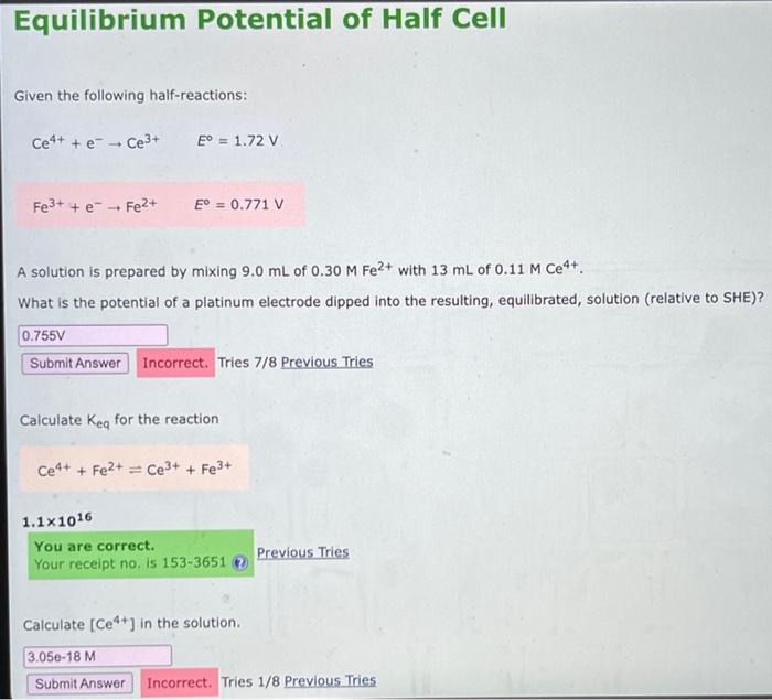 Solved Equilibrium Potential of Half Cell Given the | Chegg.com