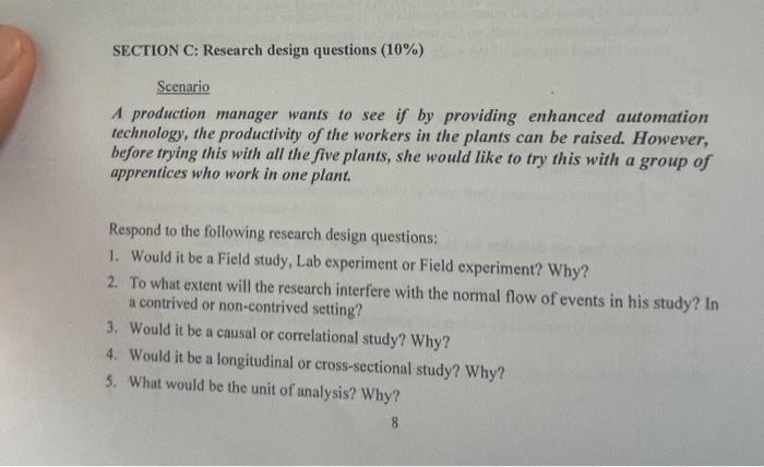 Solved SECTION C: Research design questions (10%) Scenario A | Chegg.com