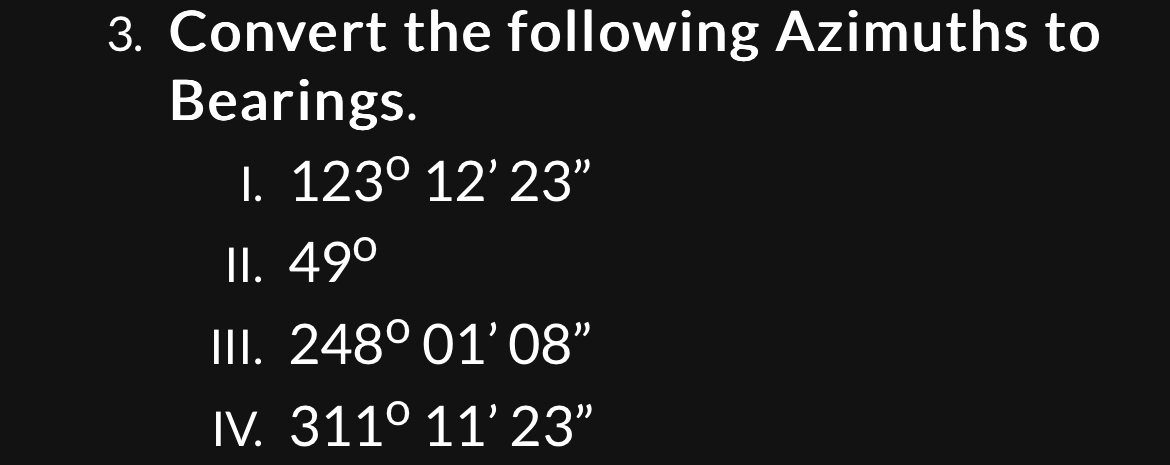 Solved Convert the following Azimuths to Bearings.I. | Chegg.com