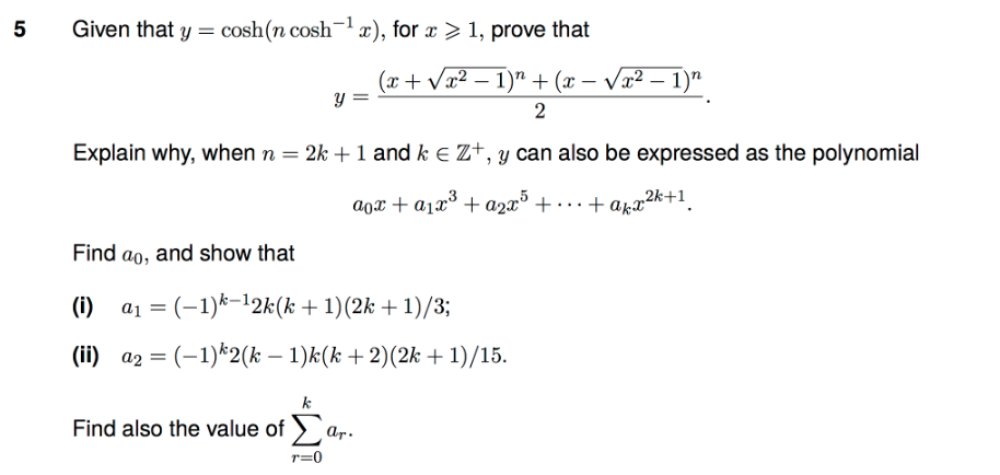 Solved 5 ﻿Given that y=cosh(ncosh-1x), ﻿for x≥1, ﻿prove | Chegg.com