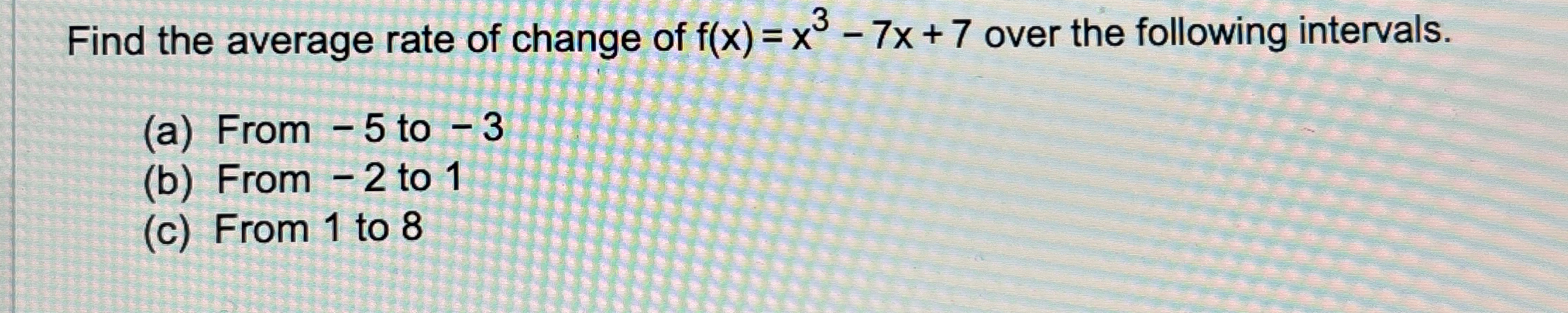 Solved Find the average rate of change of f(x)=x3-7x+7 ﻿over | Chegg.com