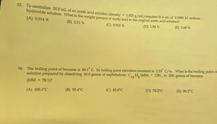 Solved 5. To neutralize 20.0 mL of an acetic acid solution | Chegg.com