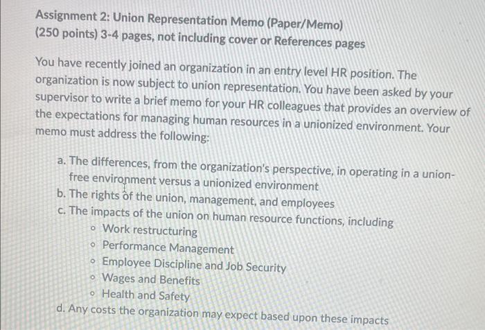 Assignment 2: Union Representation Memo (Paper/Memo) | Chegg.com