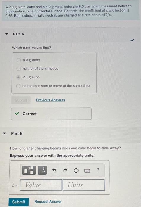 Solved A 2.0 g metal cube and a 4.0 g metal cube are 6.0 cm | Chegg.com
