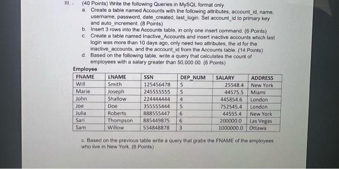 Solved III. - (40 Points) Write the following Queries in | Chegg.com