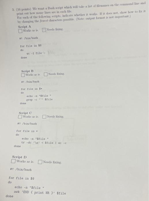Solved 3. (16 joints) We wat a Bash script which will take a | Chegg.com