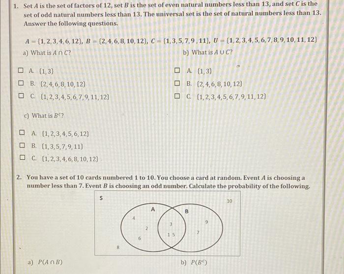 Solved 1. Set A is the set of factors of 12, set B is the | Chegg.com