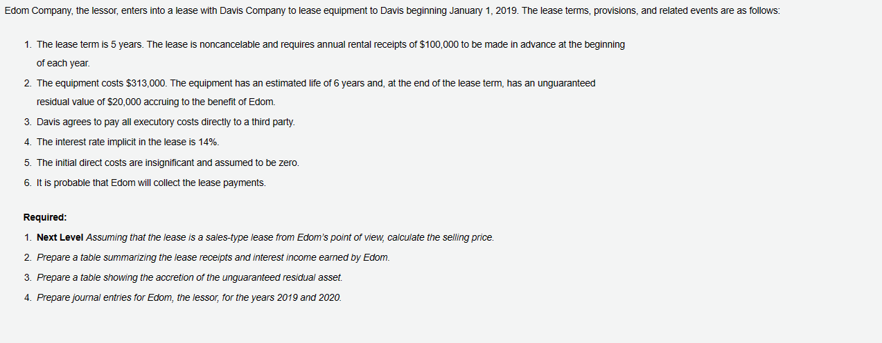 Solved Edom Company, the lessor, enters into a lease with | Chegg.com