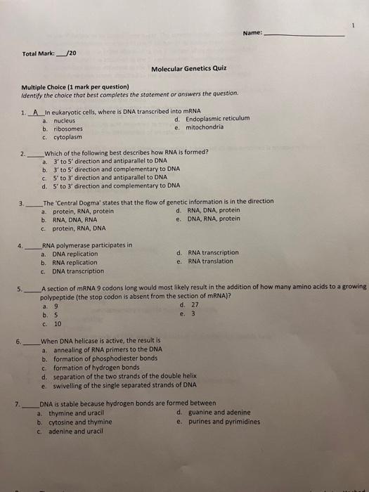 Solved Multiple Choice (1 mark per question) identify the | Chegg.com