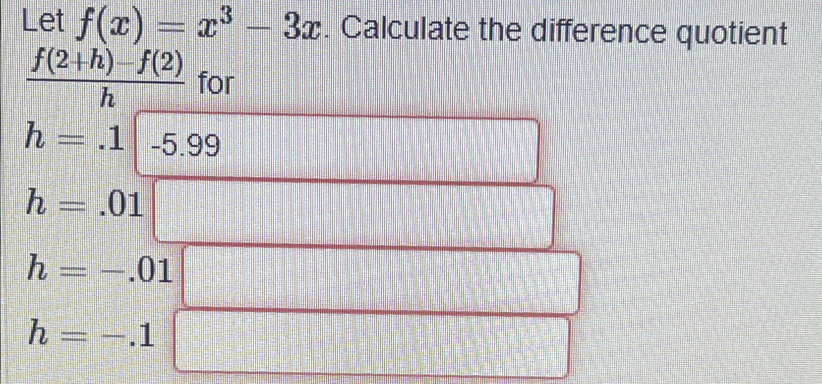 Solved Let f(x)=x3-3x. ﻿Calculate the difference | Chegg.com