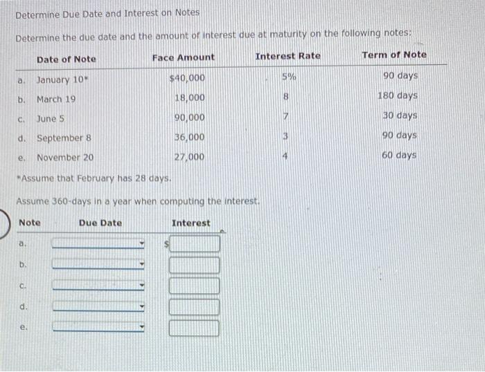 Solved Determine Due Date and Interest on Notes Determine | Chegg.com
