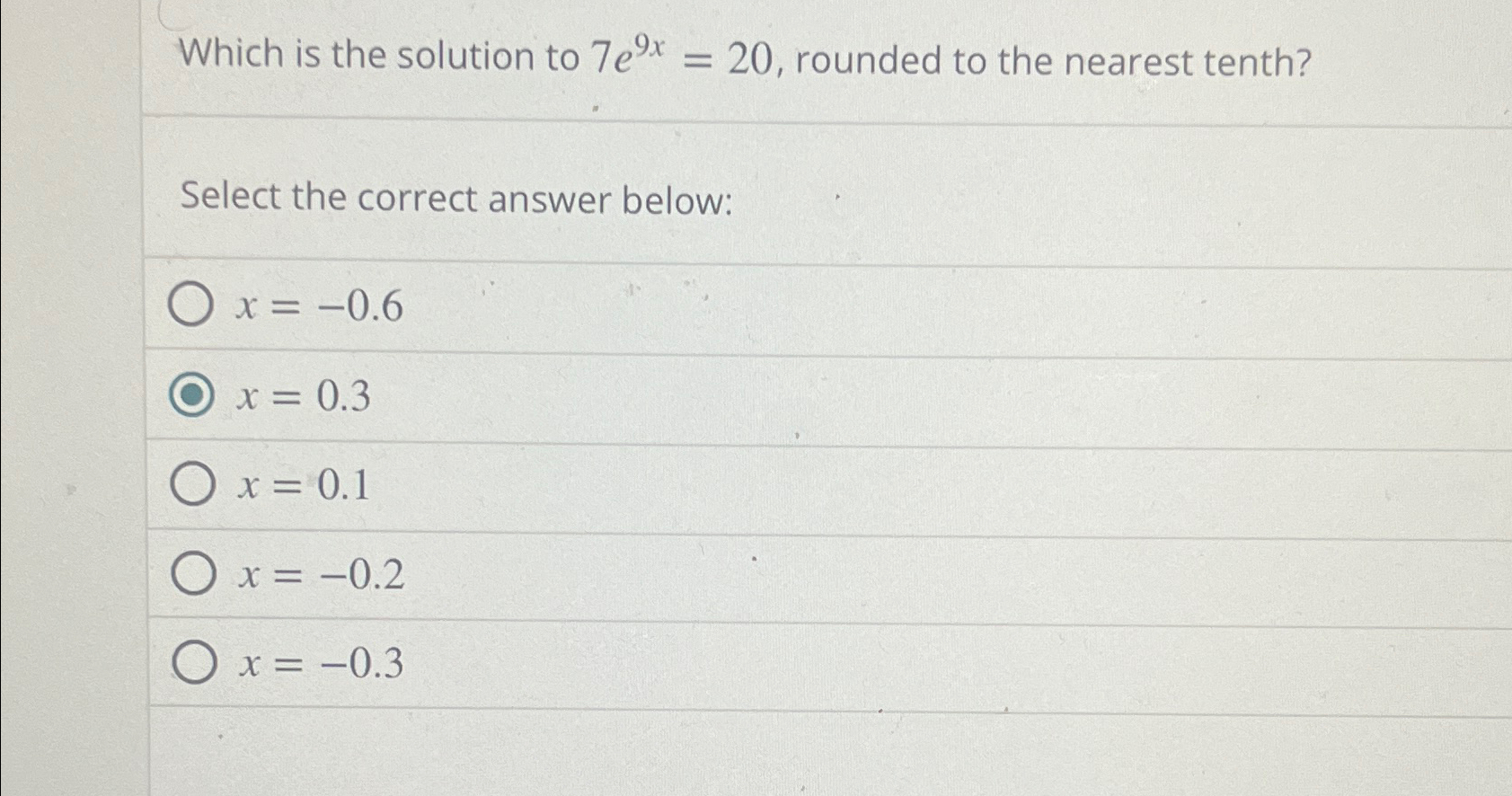 Solved Which is the solution to 7e9x=20, ﻿rounded to the | Chegg.com