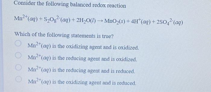 Solved Consider the following balanced redox reaction | Chegg.com