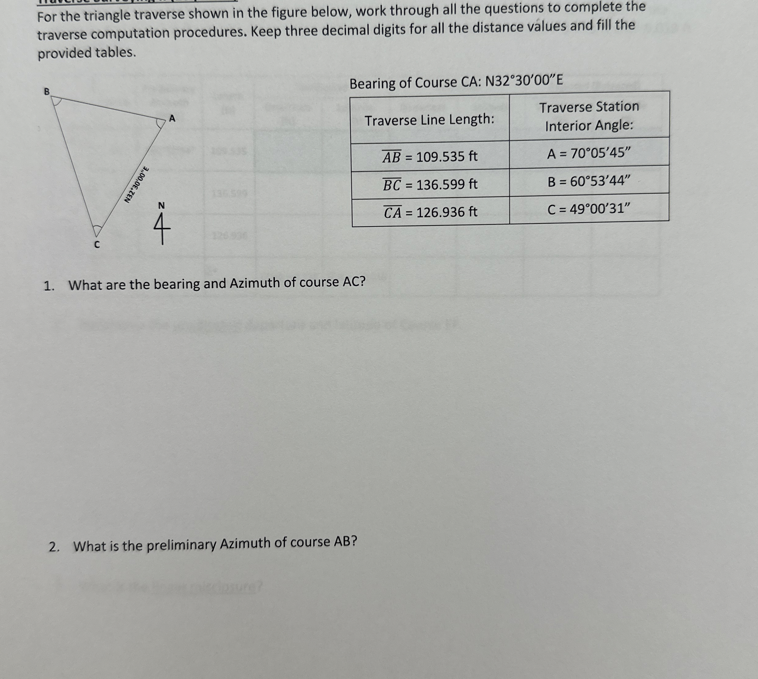 Solved For the triangle traverse shown in the figure below, | Chegg.com