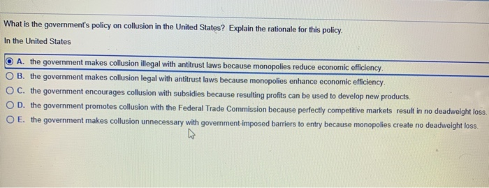 Solved What is the government’s policy on collusion in the | Chegg.com