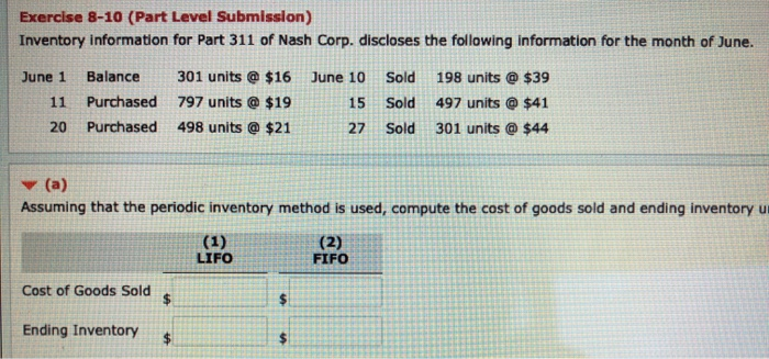 Solved Exercise 8-10 (Part Level Submission) Inventory | Chegg.com