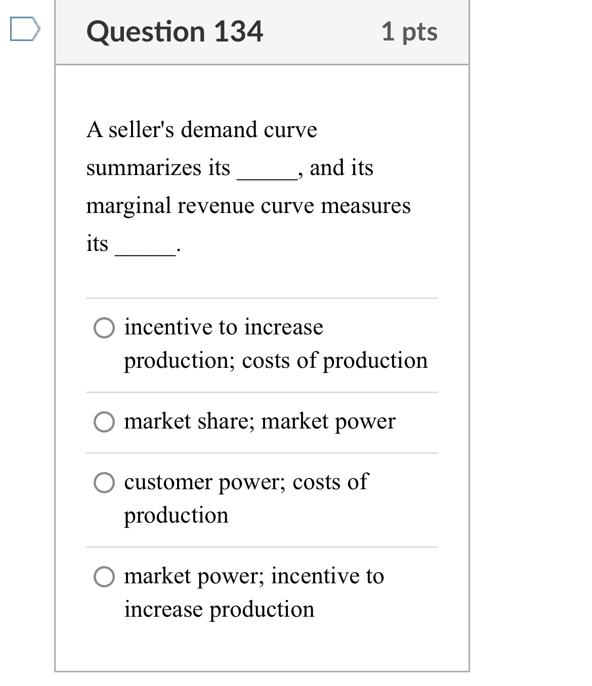 Solved Question 1341 ﻿ptsA seller's demand curve summarizes | Chegg.com