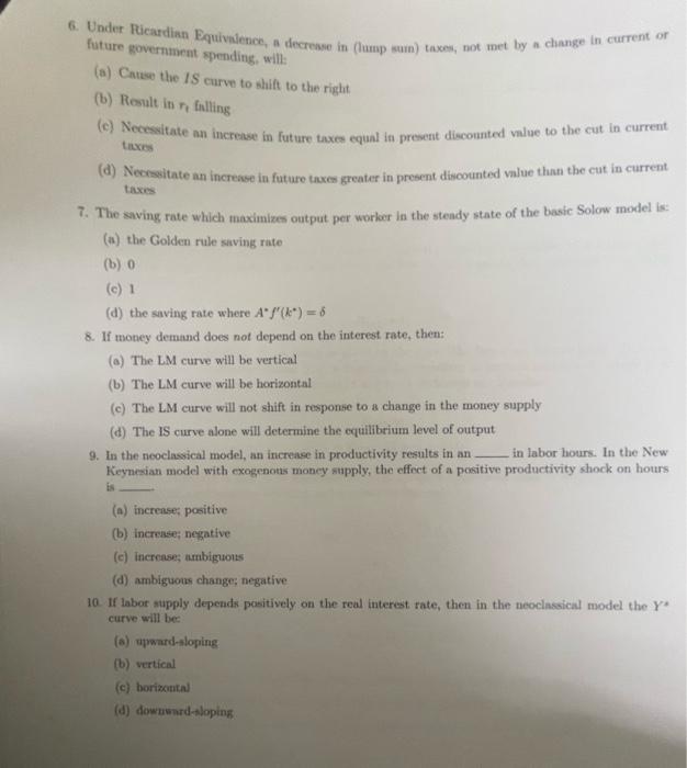 Solved 6. Under Picardisn. Pquivalence, a decresse in (lump | Chegg.com