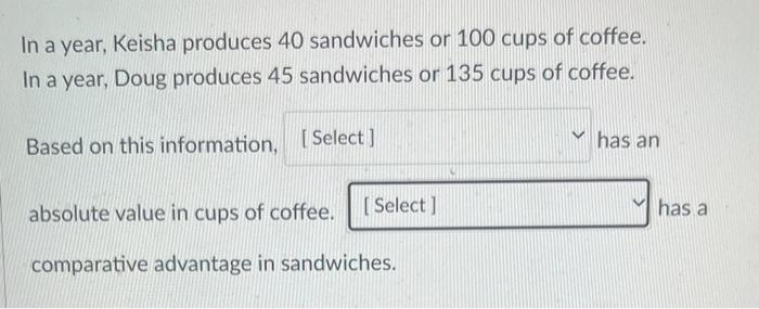 Solved In a year, Keisha produces 40 sandwiches or 100 cups | Chegg.com