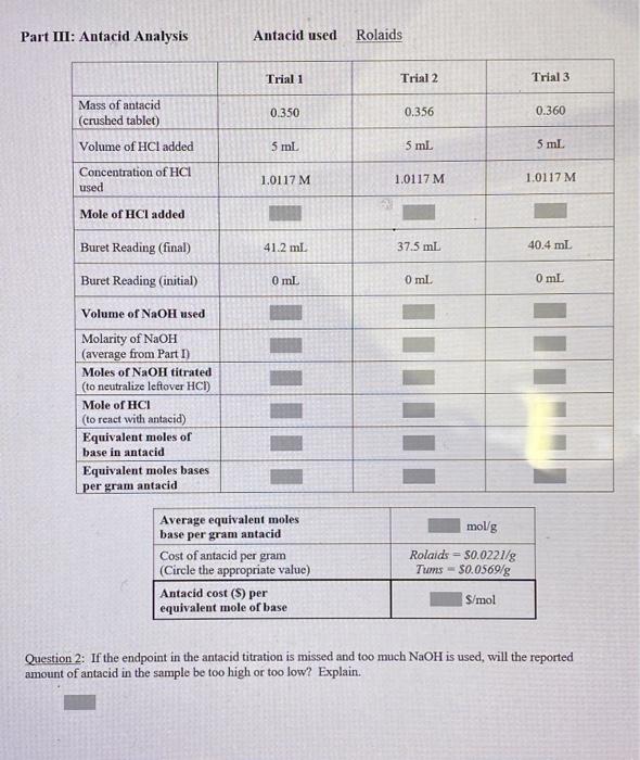 Solved Part III: Antacid Analysis Antacid used Rolaids | Chegg.com