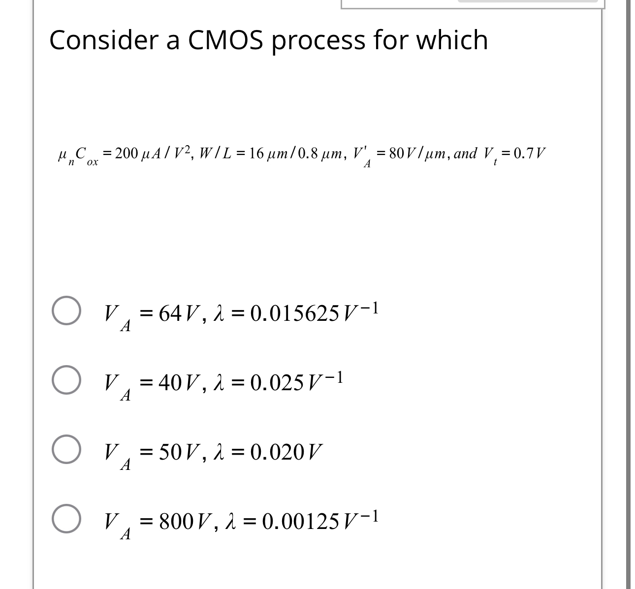 Solved Consider a CMOS process for | Chegg.com