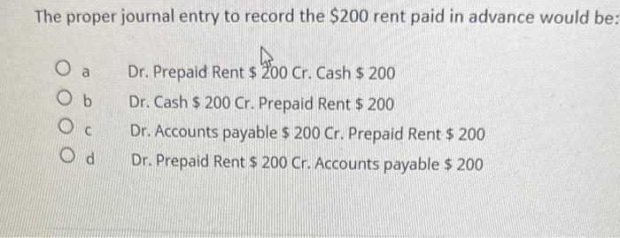 Solved The proper journal entry to record the $200 rent paid | Chegg.com