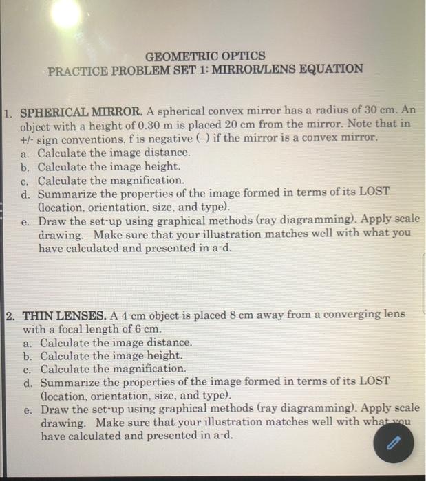 Solved GEOMETRIC OPTICS PRACTICE PROBLEM SET 1: MIRROR/LENS | Chegg.com